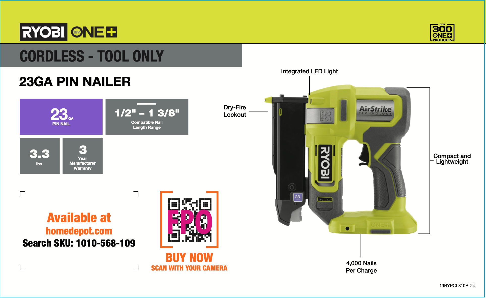 RYOBI PCL310B 23 GAGE PIN NAILER NON DIS – Team TTI POP