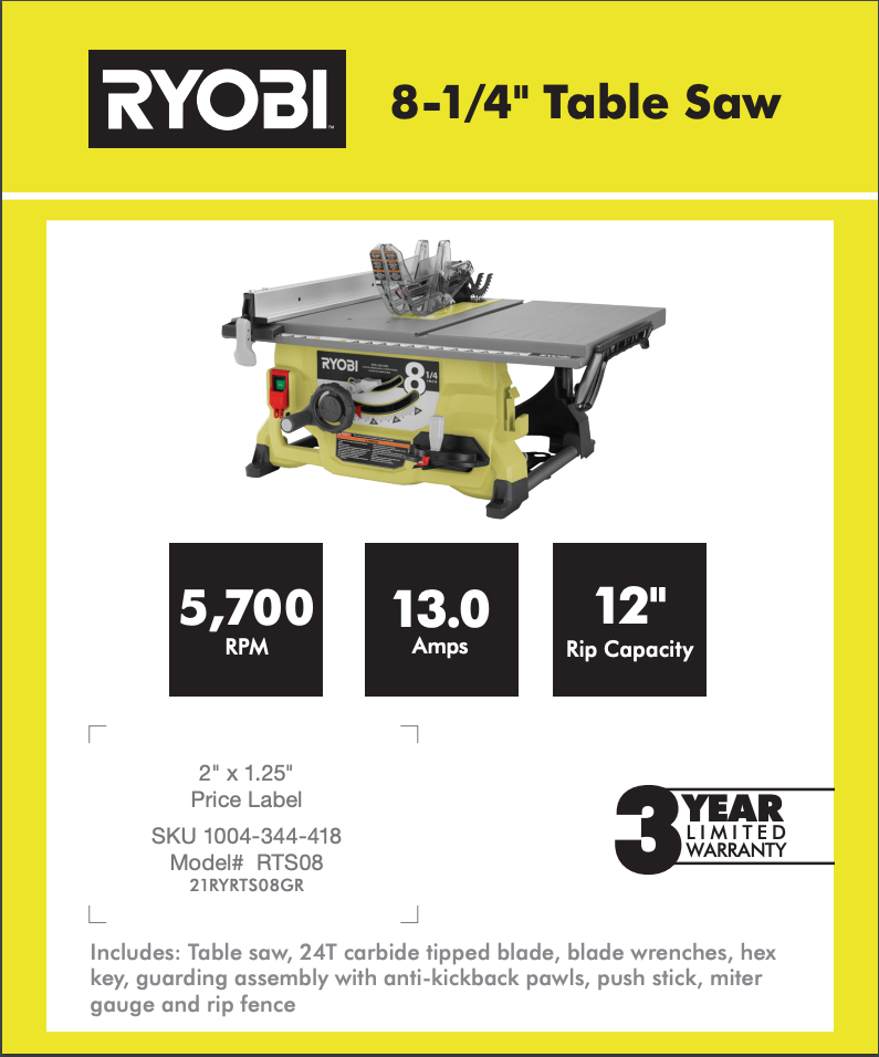 RYOBI 8 1/4" TABLE SAW – Team TTI POP