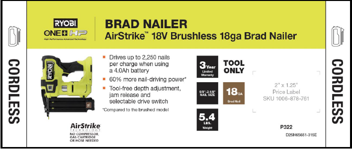 RYOBI ONE+ 18V HP 18V BRUSHLESS 18G BRAD NAILER DISPLAY POP – Team TTI POP